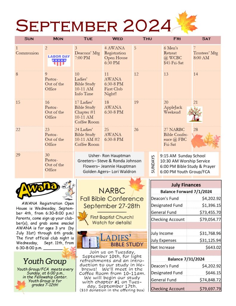 September 2024 Calendar - First Baptist Church